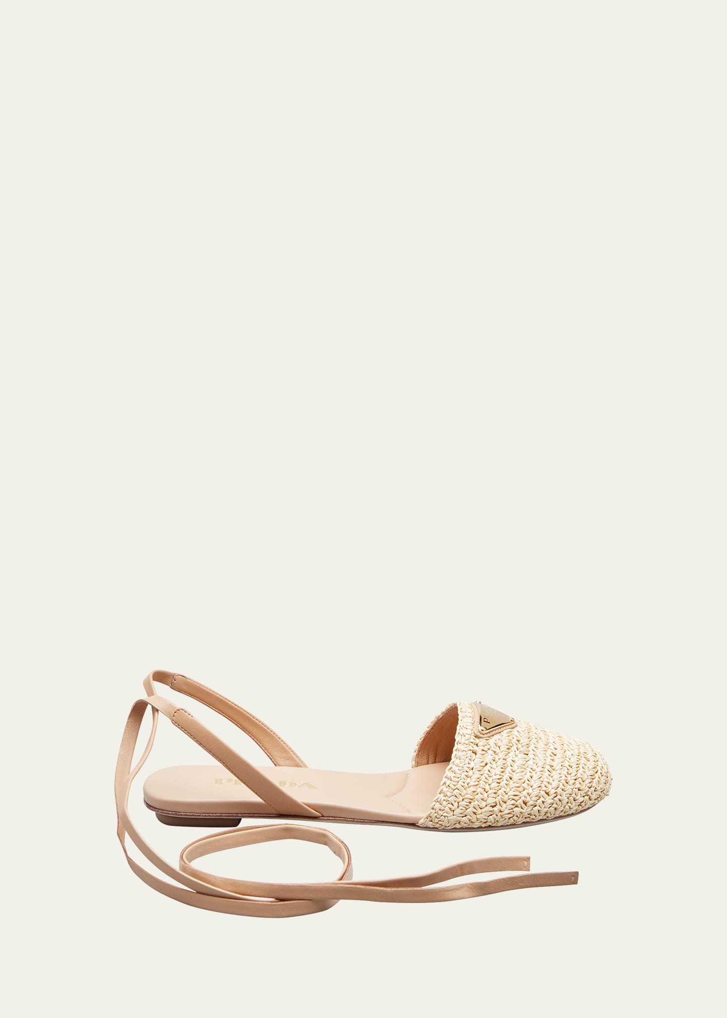 Prada Triangle Logo Raffia Ankle-wrap Flats In Naturale | ModeSens