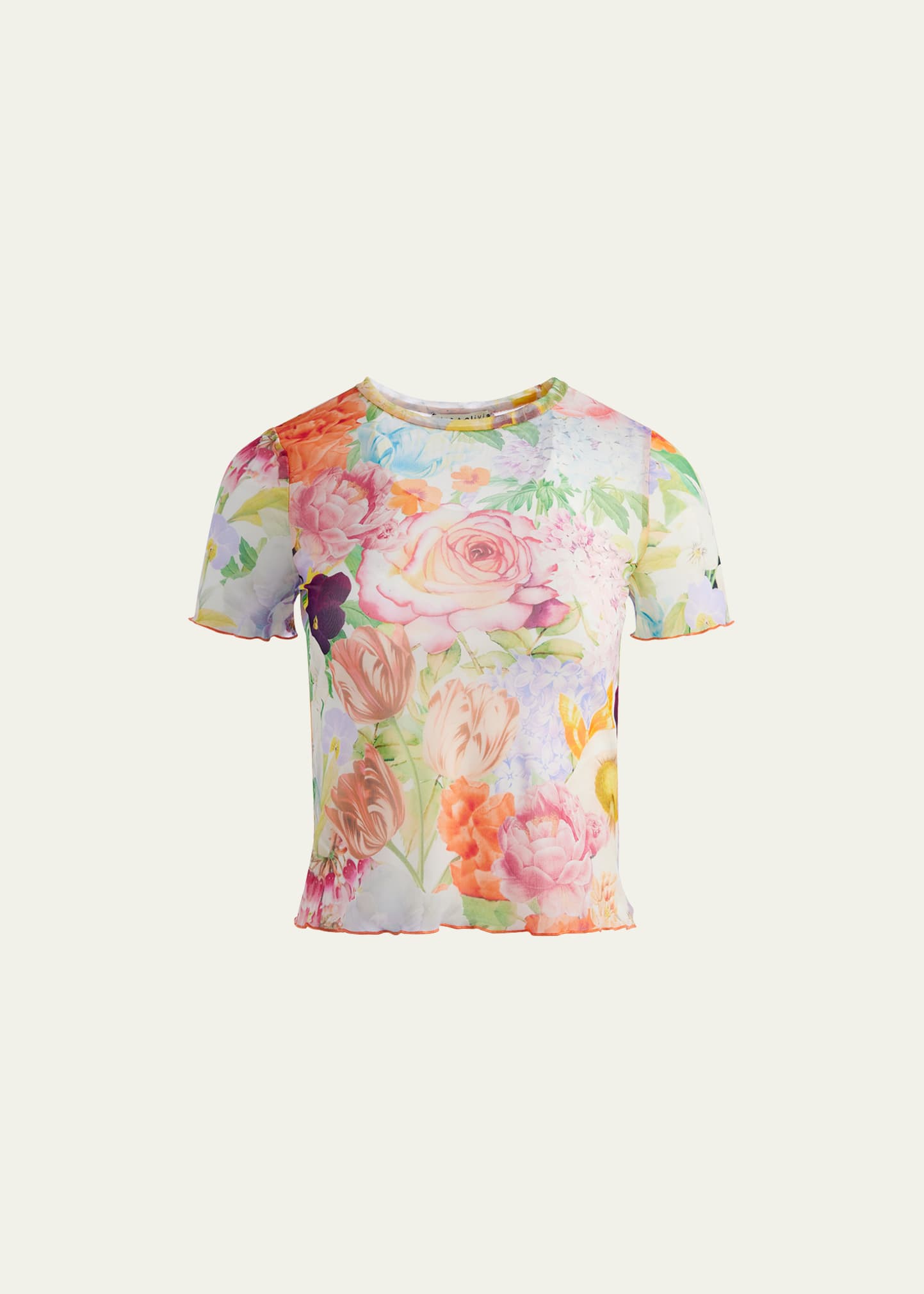 Alice And Olivia Delaina Short Sleeve Lettuce Edge Crop Top In Dawn