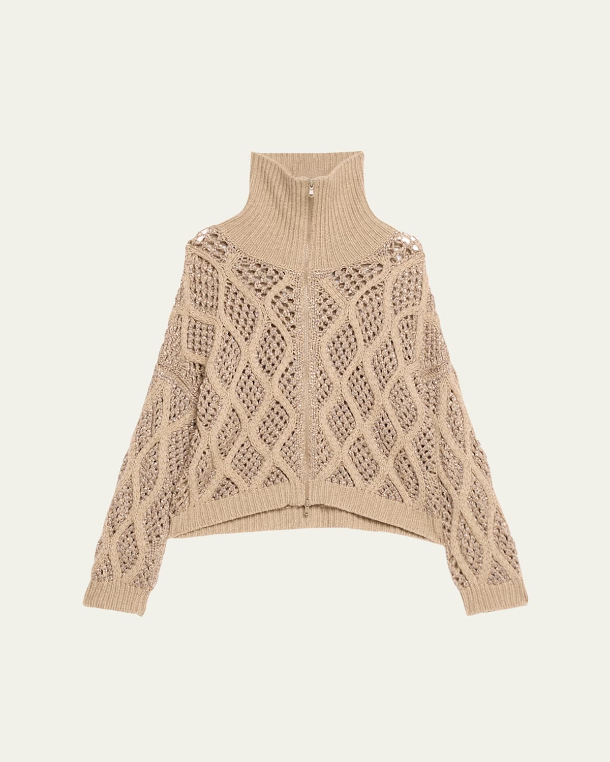Brunello Cucinelli Opera Cashmere Cable and Net Zip-Up Cardigan with ...