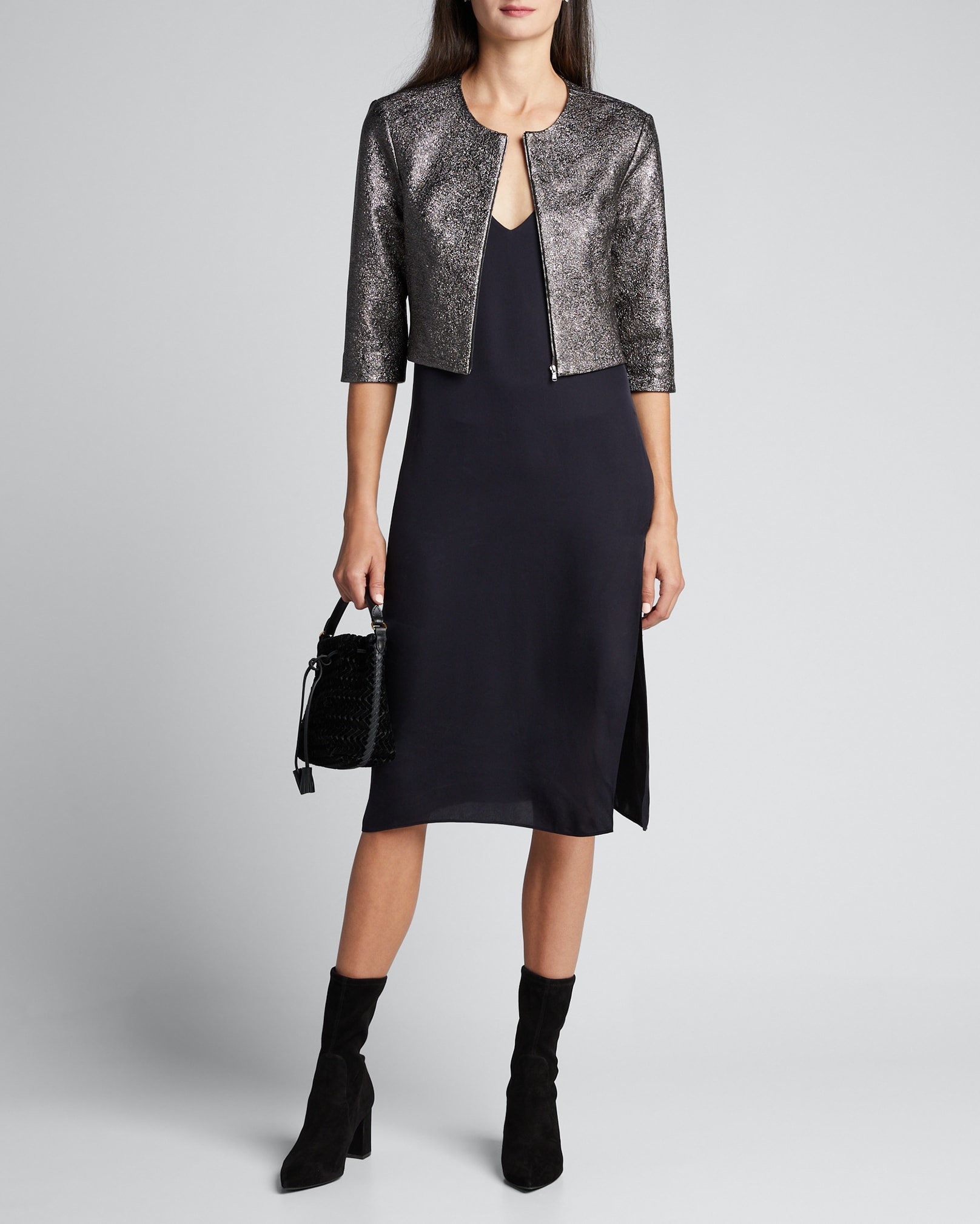 Susan Bender Metallic Leather Cropped 3/4-Sleeve Jacket