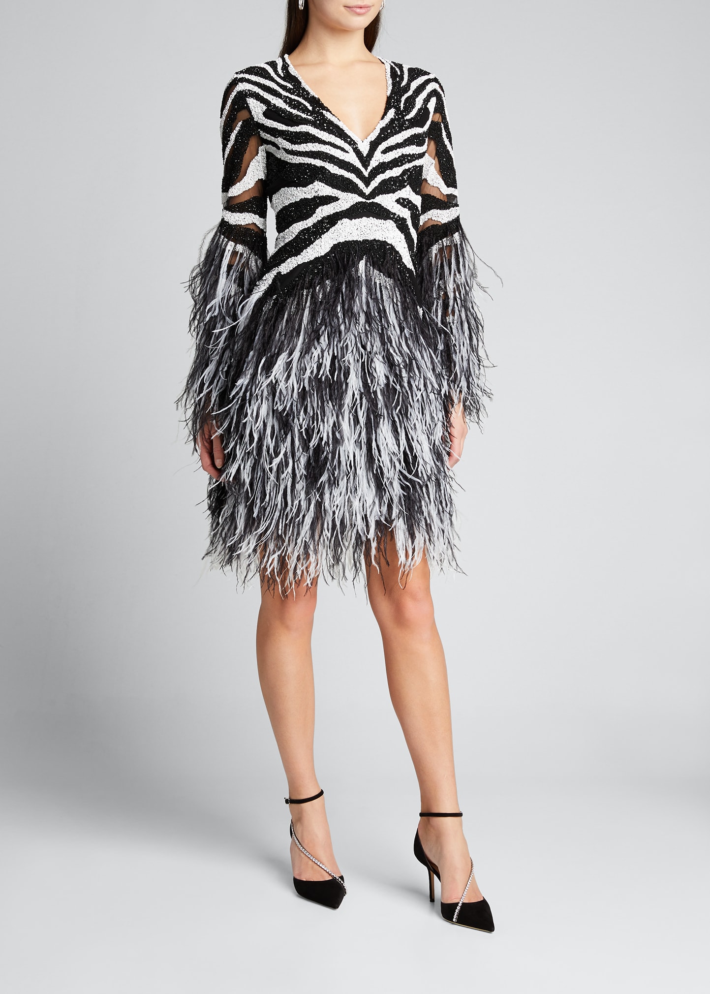 Pamella Roland Sequin Zebra Cocktail w/Ostrich Feathers