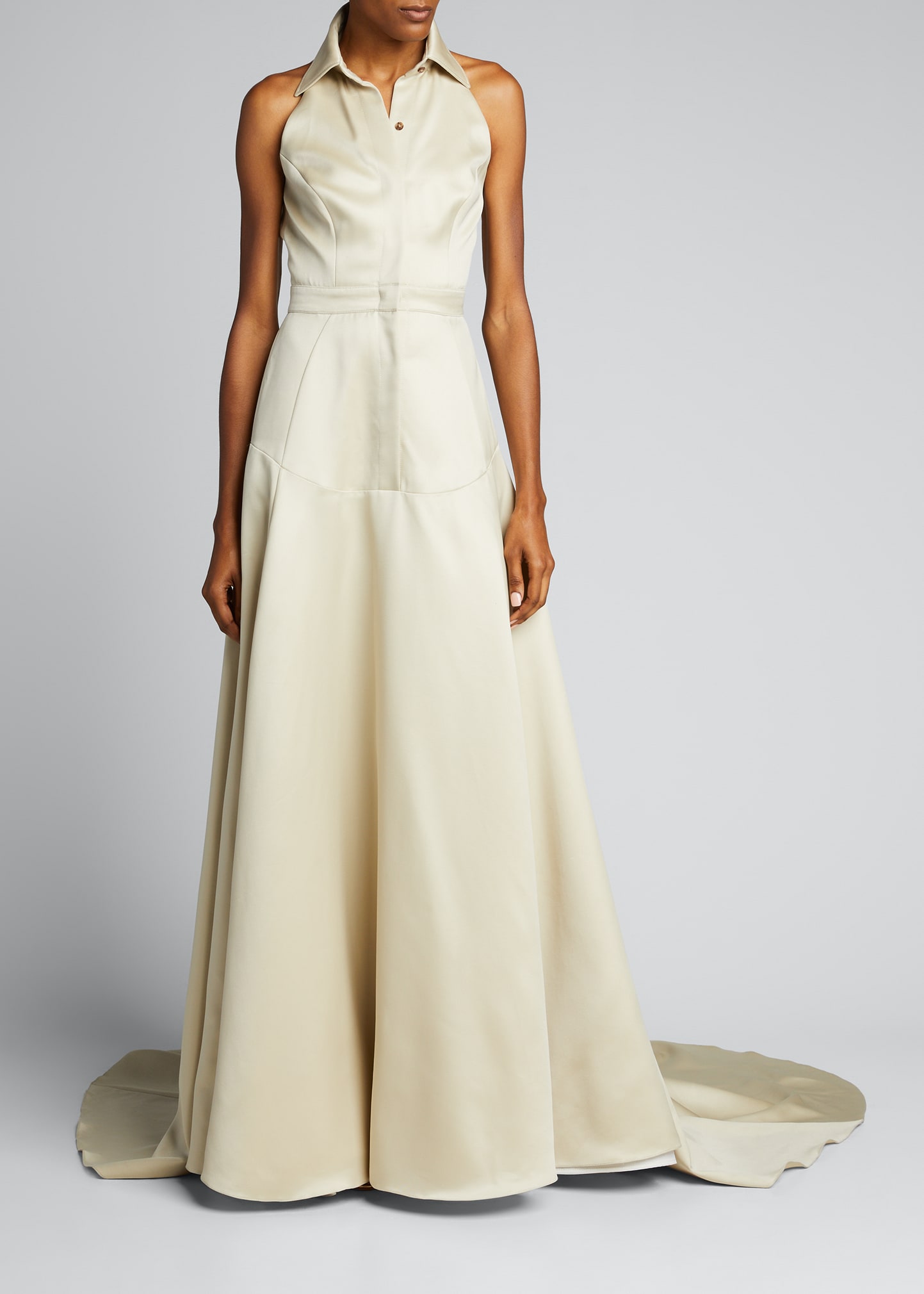 Brandon Maxwell Wool-Silk Gazaar Collared Button-Front Gown