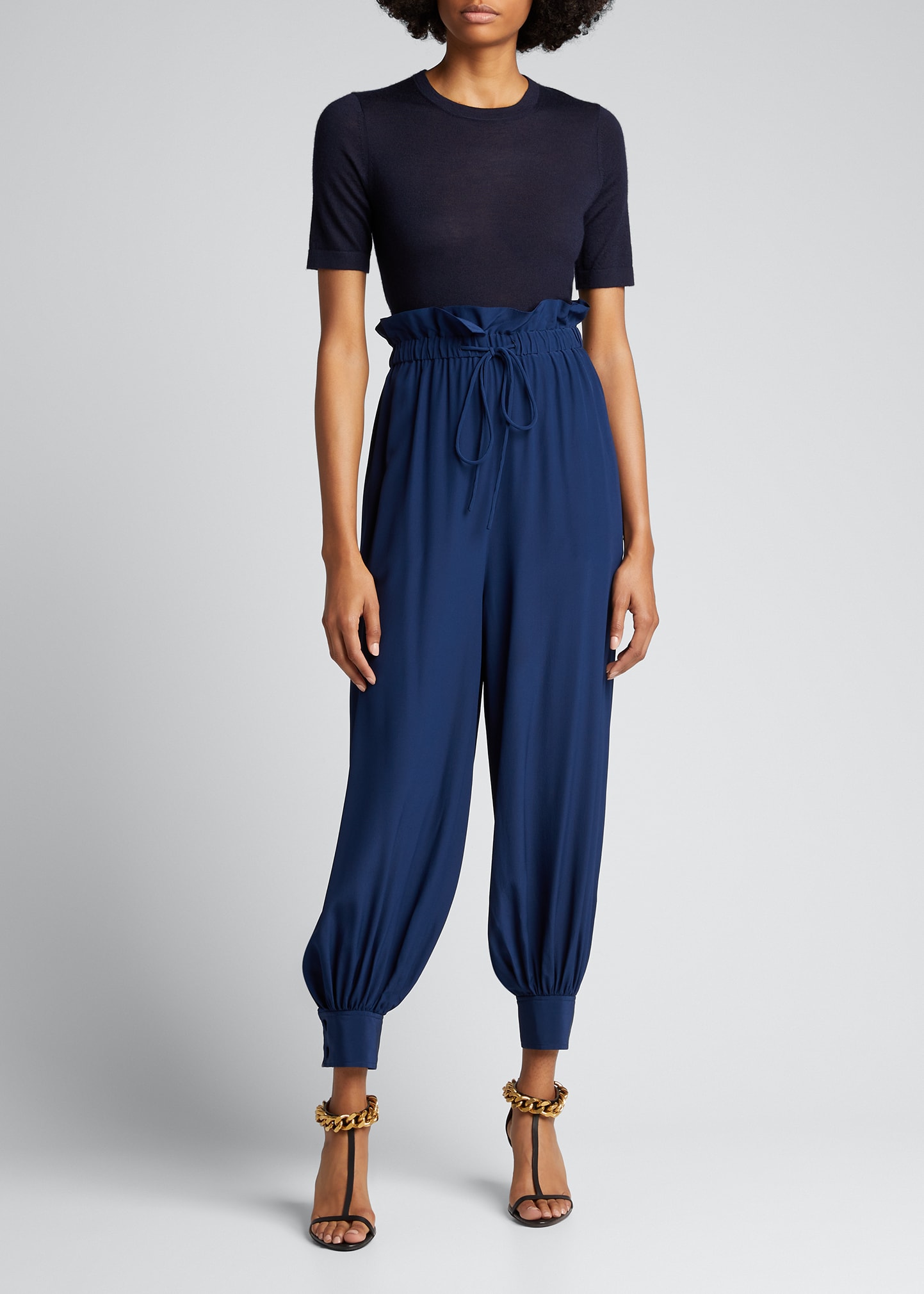 Stella McCartney High-Rise Button-Cuff Silk Trouser Pant