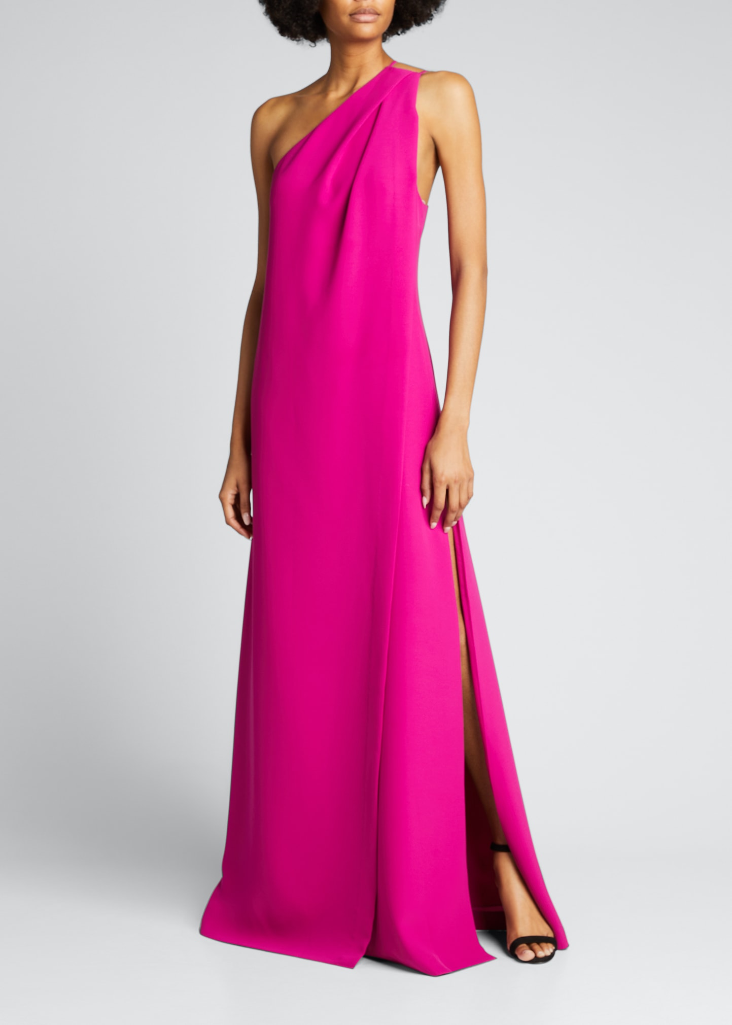 Halston One-Shoulder Crepe Gown w/ Drape Overlay