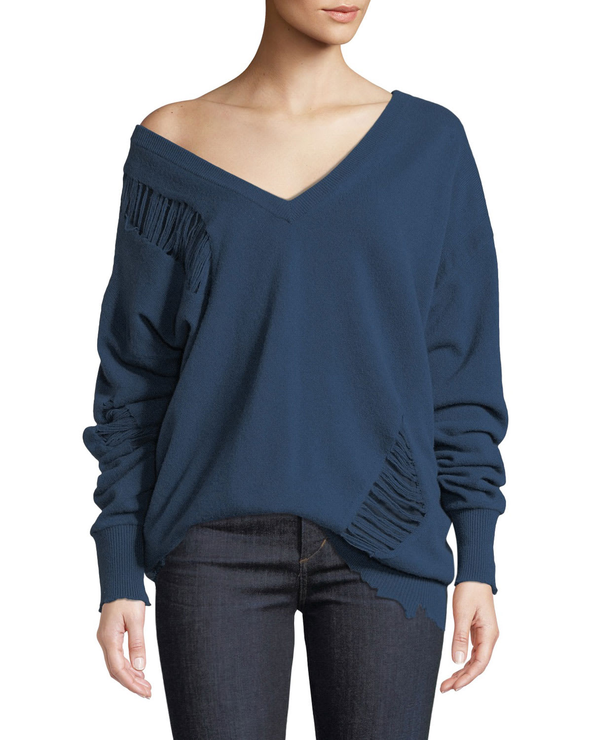Helmut Lang Wide V-Neck Distressed Wool Pullover Sweater