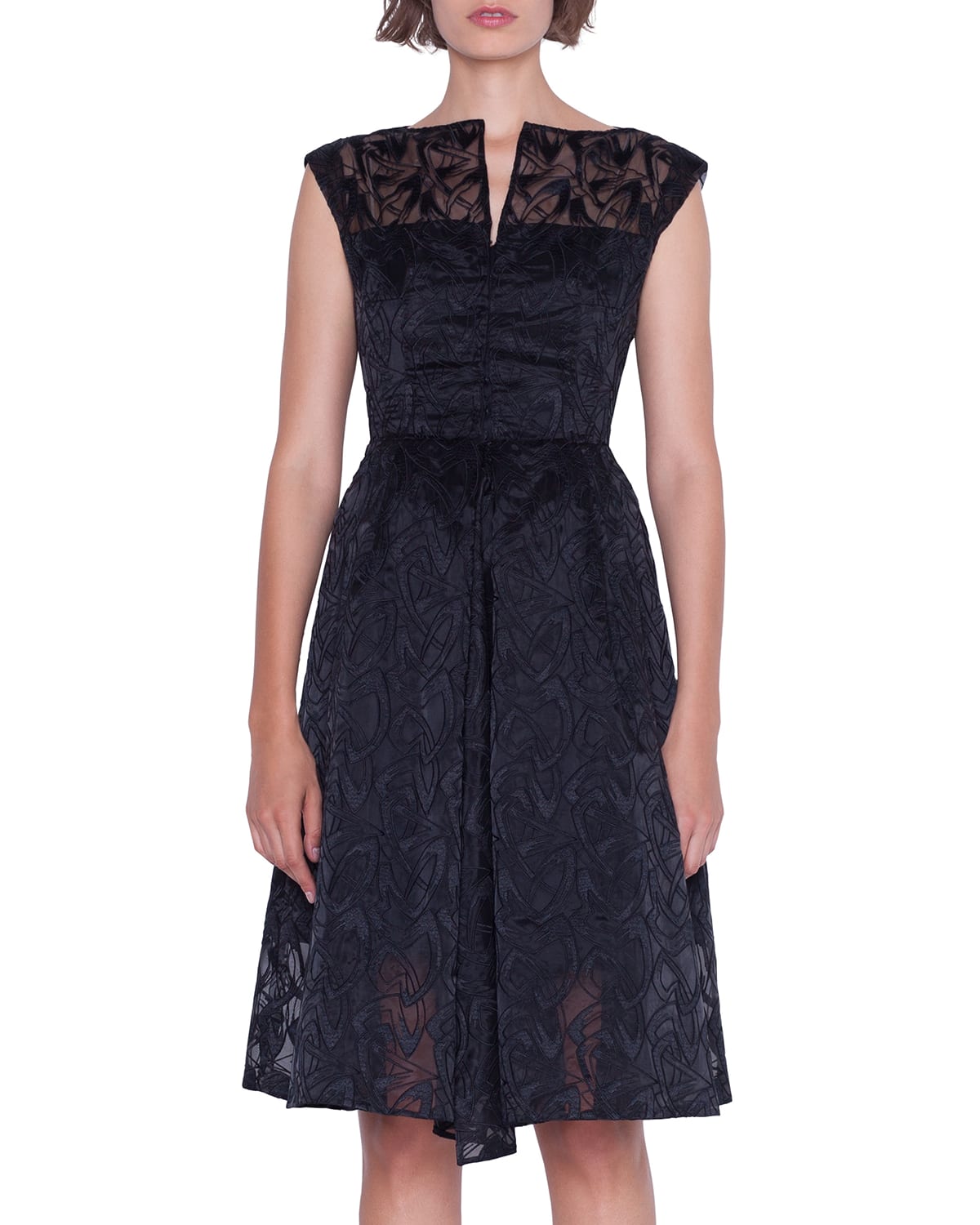 Akris Cap-Sleeve Embroidered Organza Apron Dress