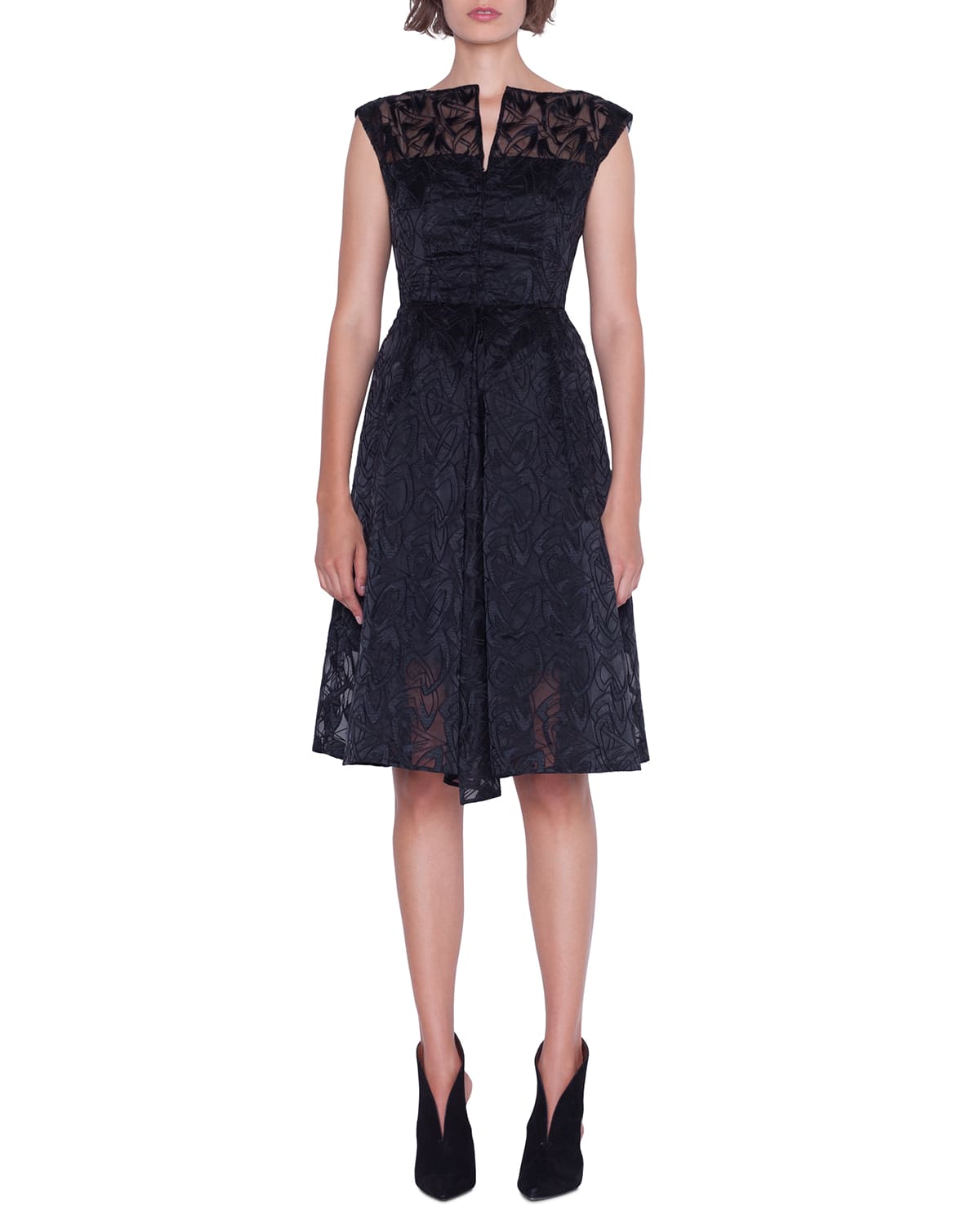 Akris Cap-Sleeve Embroidered Organza Apron Dress