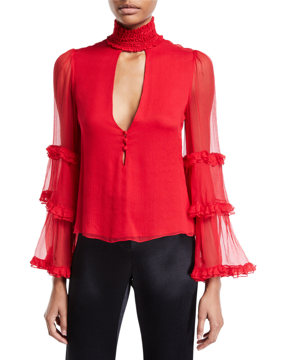 Alexis Hiro High-Neck Ruffle Keyhole Top