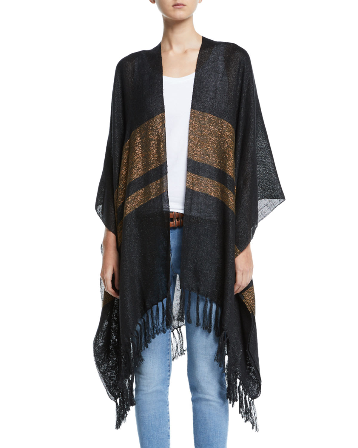 Brunello Cucinelli Open-Front Linen-Metallic Poncho with Stripe and ...
