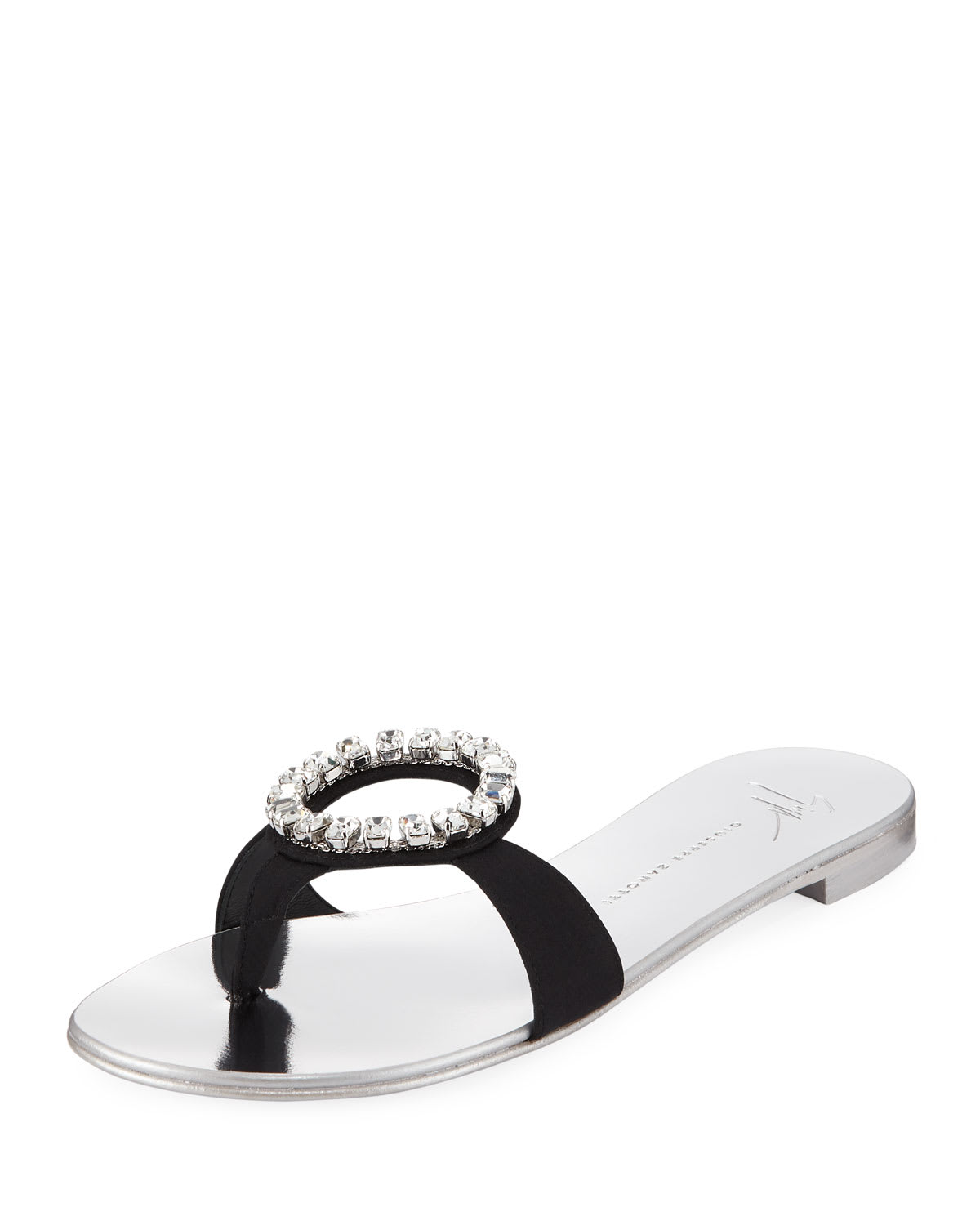 Giuseppe Zanotti Flat Satin Slide Sandals w/ Crystal Ring
