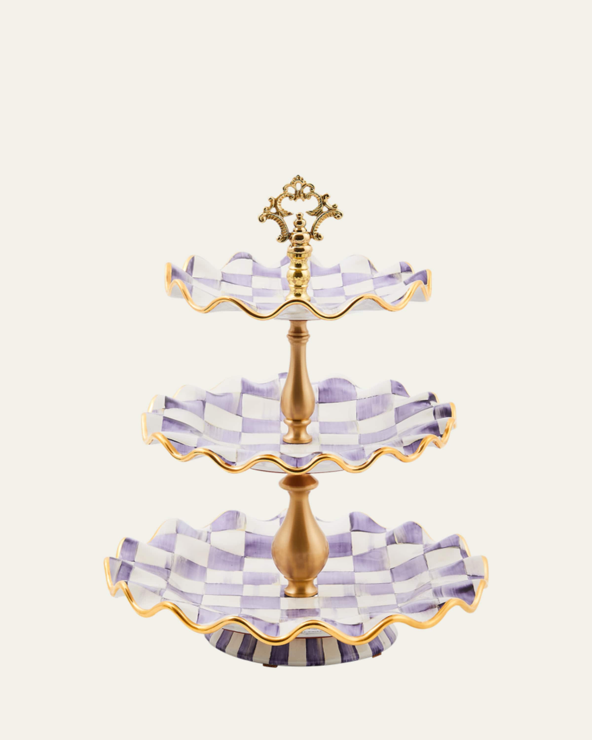 MacKenzie-Childs Violet Check Fluted Ceramic Two-Tier Sweet Stand ...
