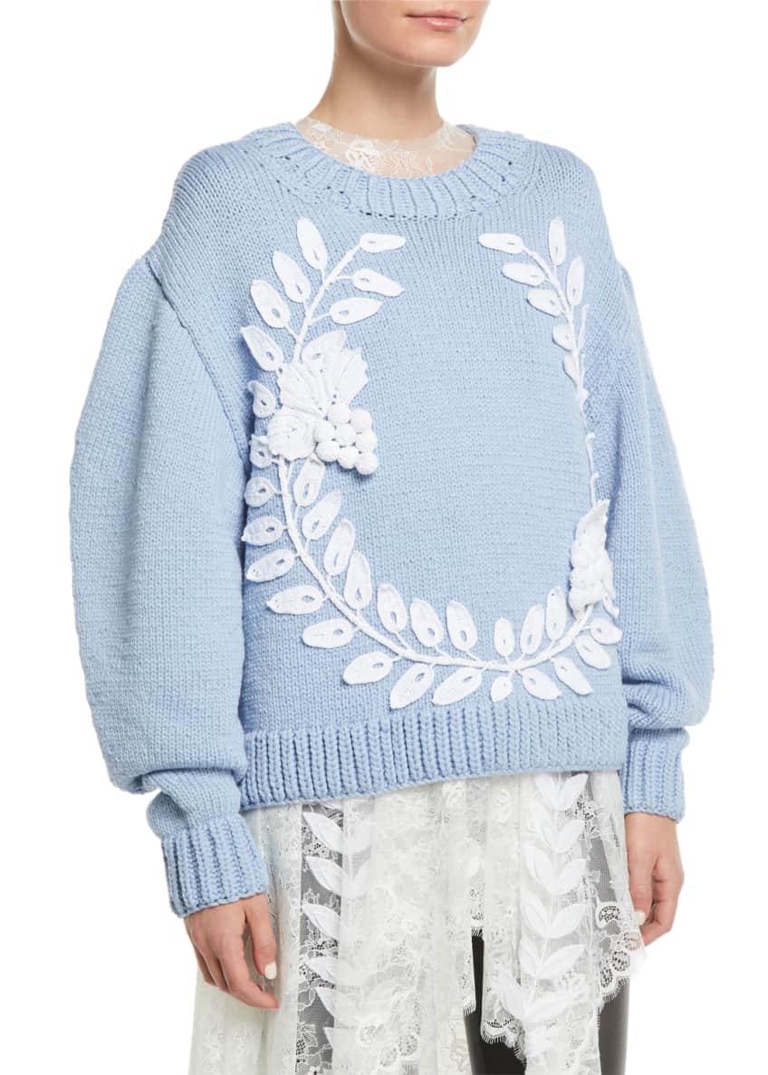 Oscar de la Renta Grape-Garland Crewneck Wool-Cashmere Hand-Knit ...
