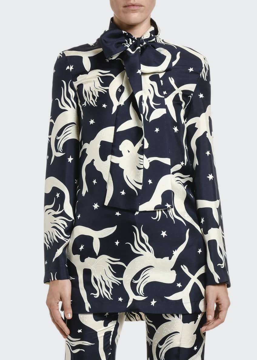 Valentino Garavani Mermaid Print Silk Tie-Neck Button-Front Top and ...