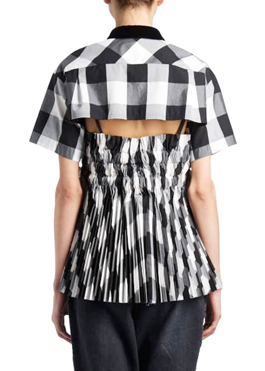 SACAI Short-Sleeve Button-Down Check Swing Top w/ Pleated Back and ...