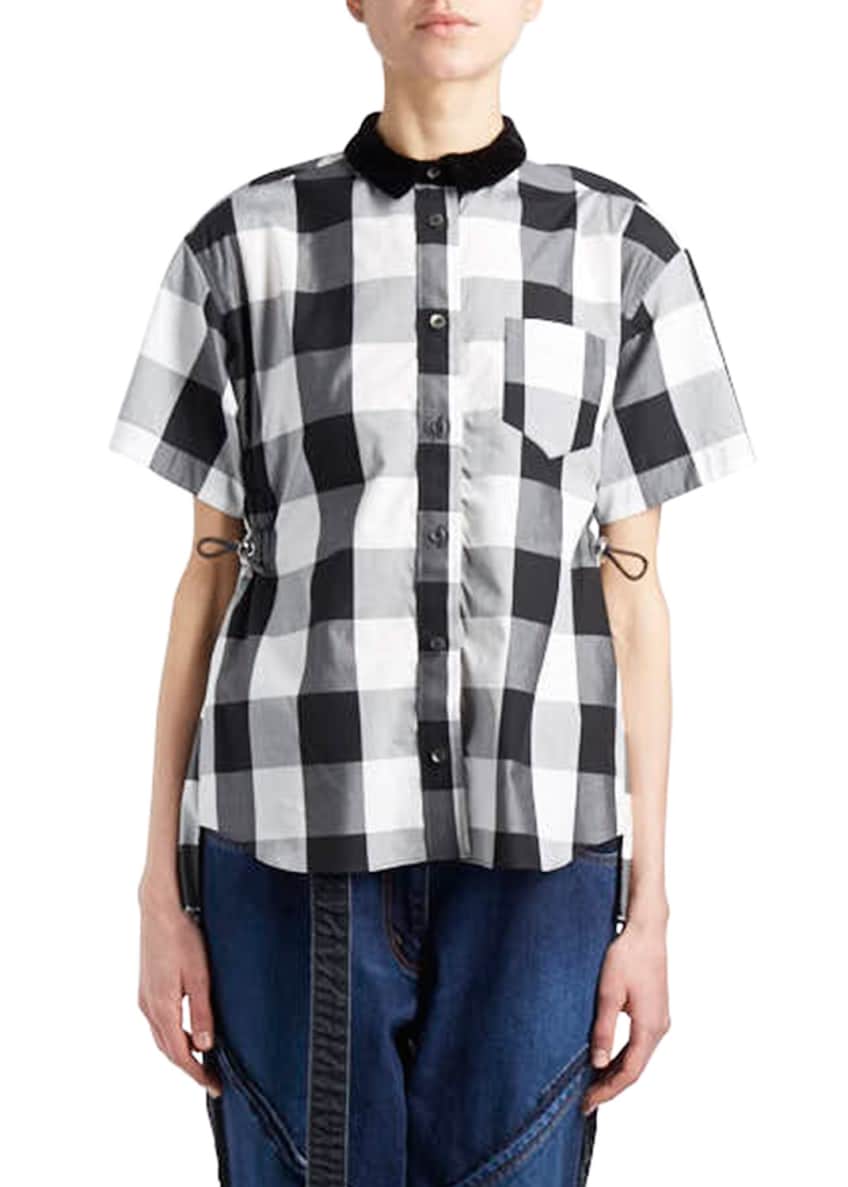 SACAI Short-Sleeve Button-Down Check Swing Top w/ Pleated Back and ...