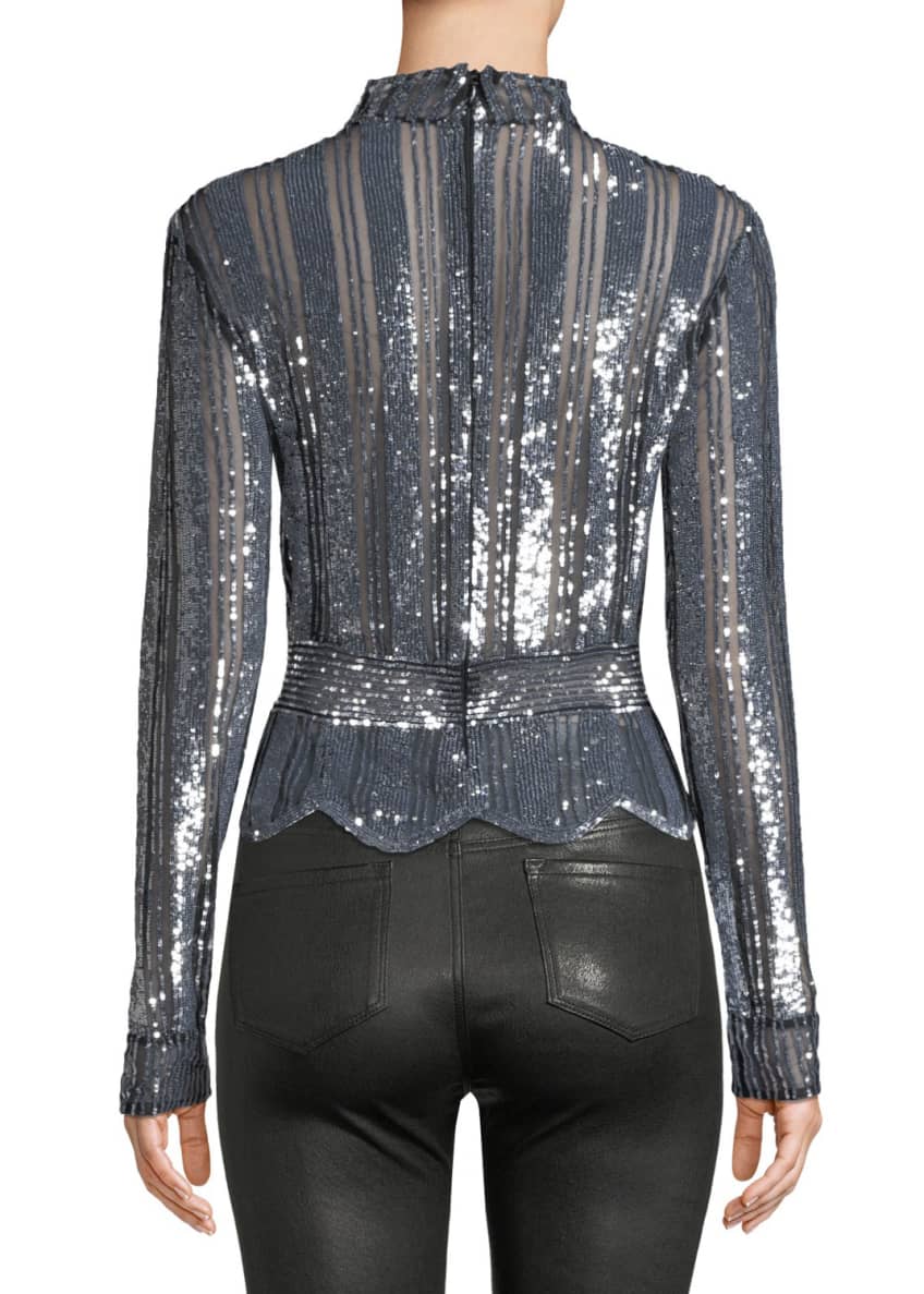 Derek Lam 10 Crosby Sequin Mock-Neck Scalloped Long-Sleeve Blouse and ...