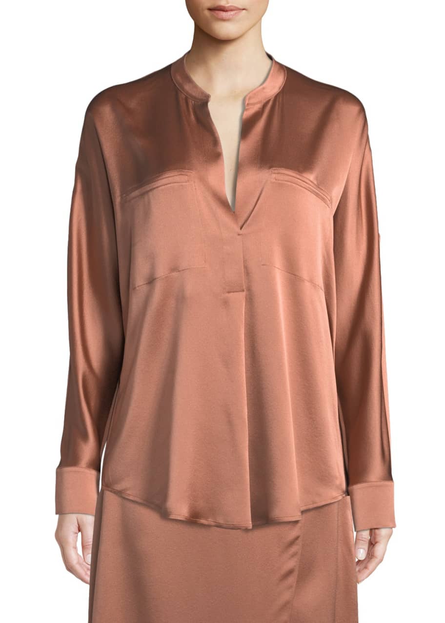 Vince Band Collar Silk Popover Blouse Bergdorf Goodman