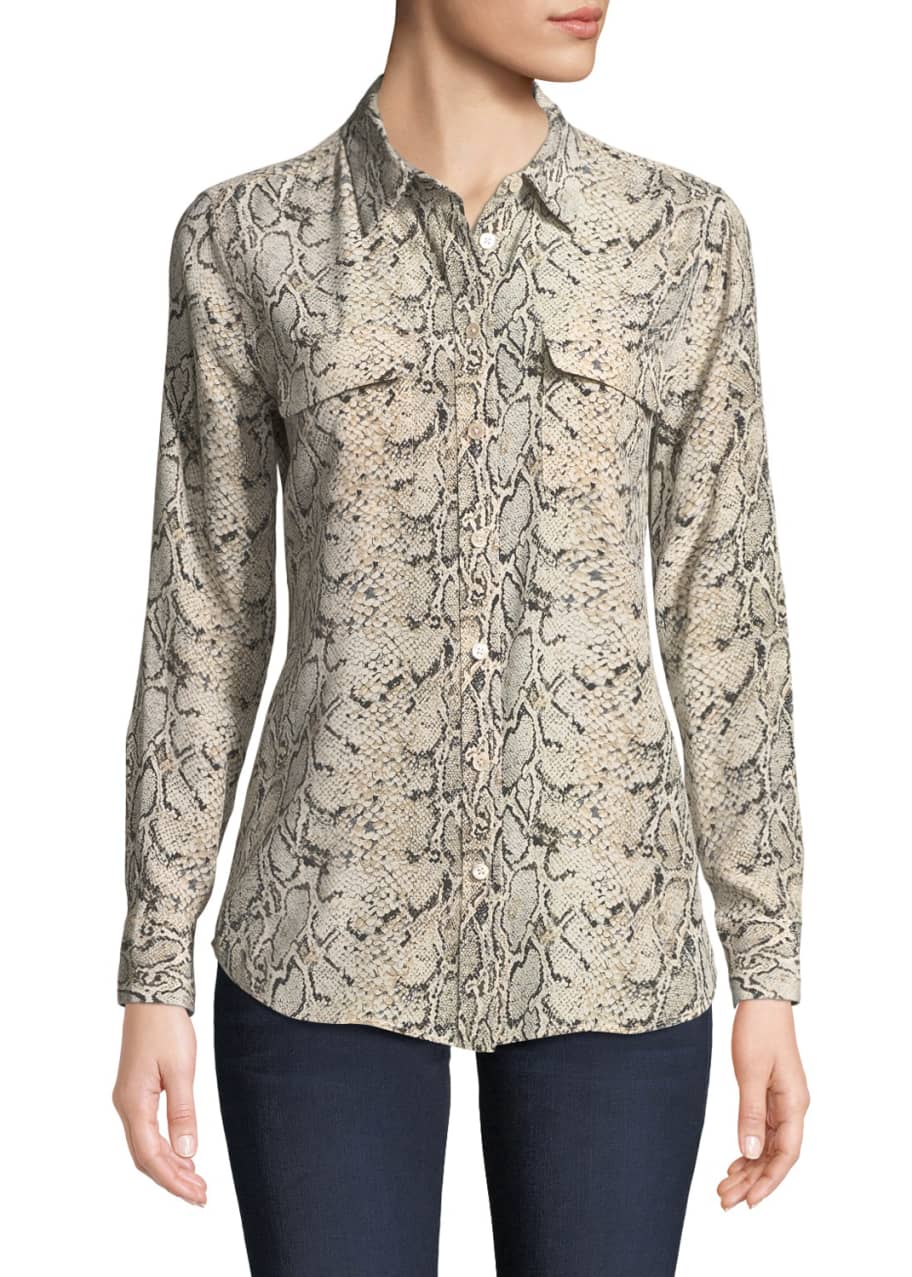 Equipment Slim Signature Python-Print Silk Button-Front Blouse ...