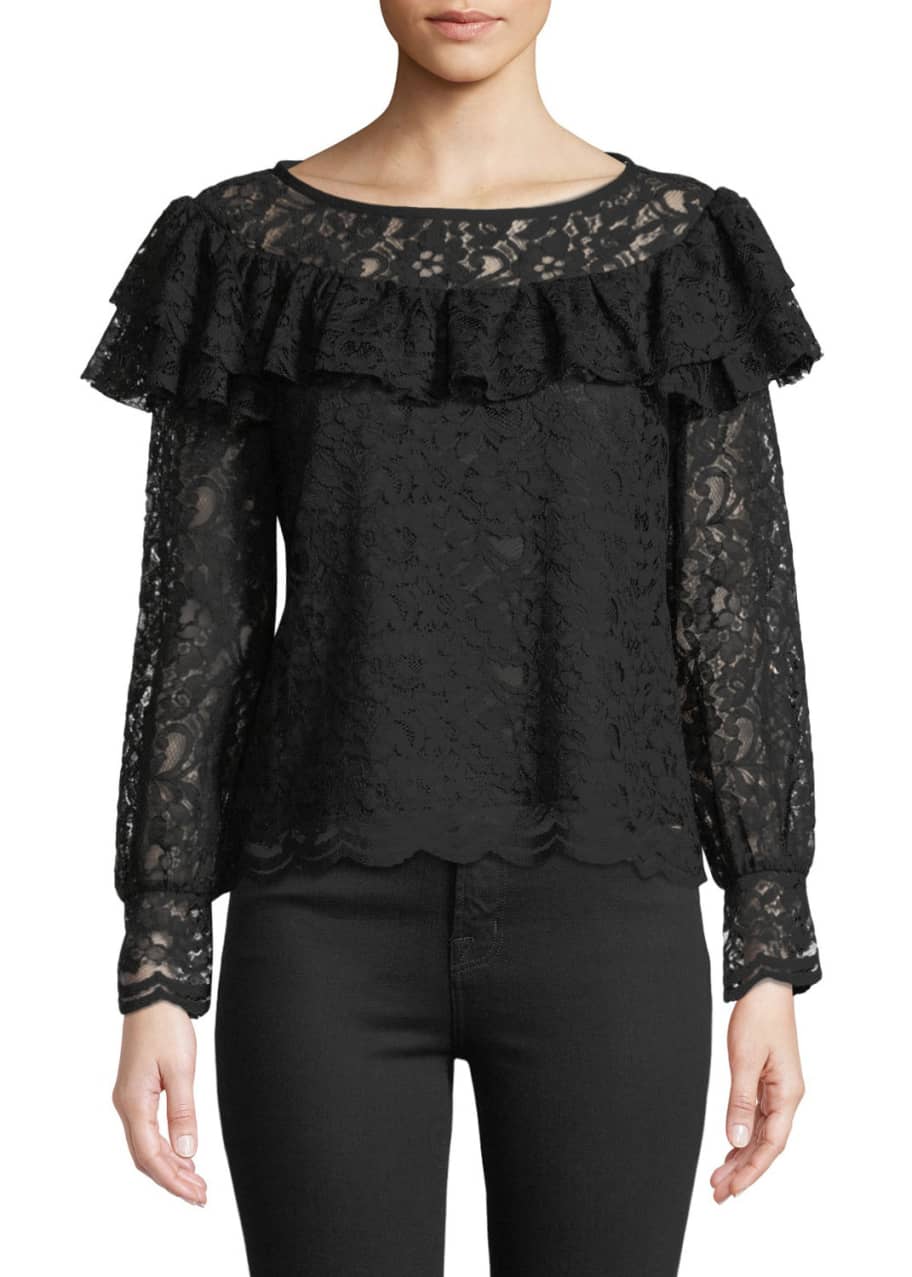 Rebecca Taylor Long-Sleeve Lace Ruffle Top - Bergdorf Goodman