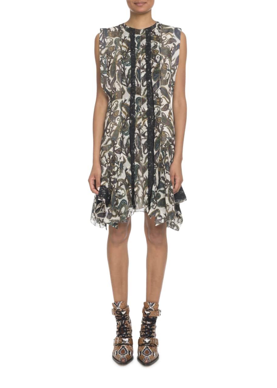 Chloe Sleeveless Paisley-Print Silk A-Line Dress w/ Lace Trim ...