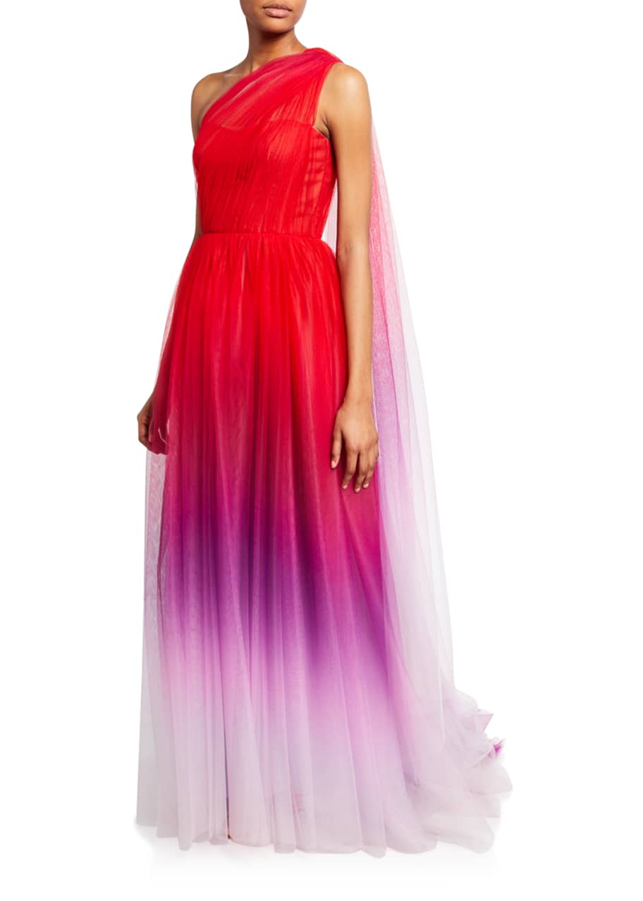 Monique Lhuillier One-Shoulder Two-Tone Ombre Tulle Gown - Bergdorf Goodman