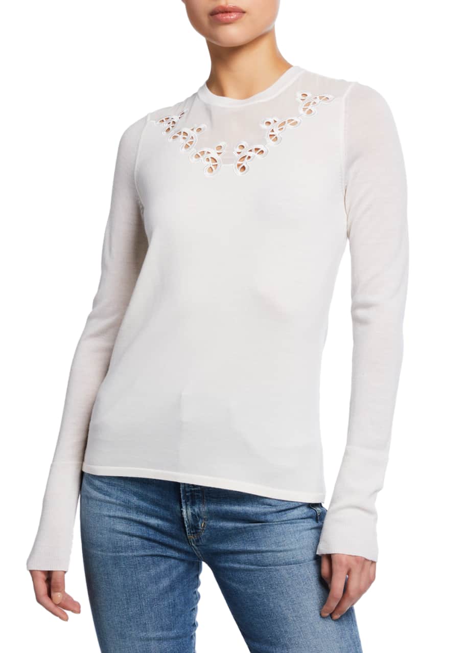 Elie Tahari Tali Crewneck Long-Sleeve Merino Wool Sweater with Mesh ...