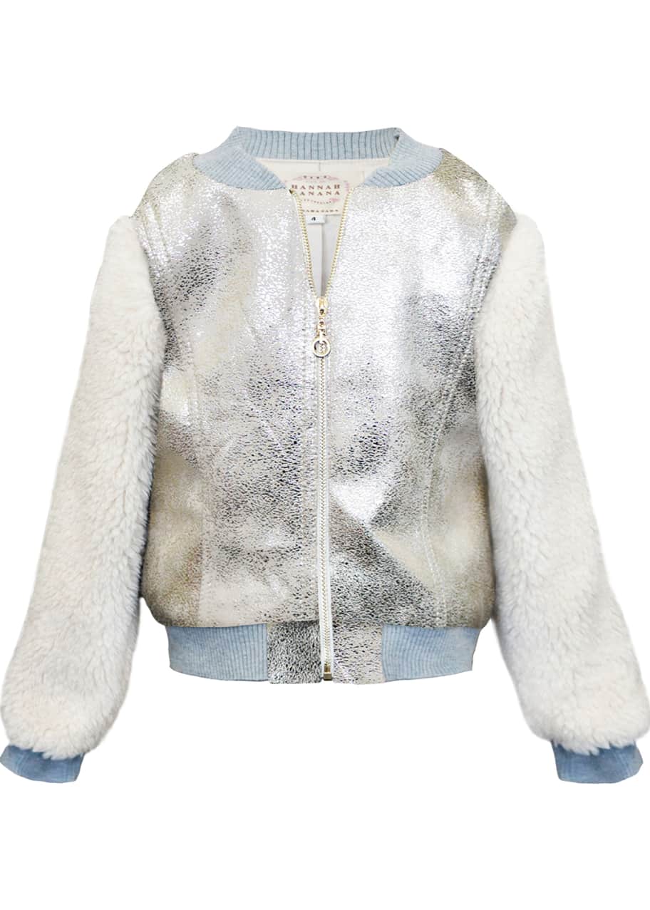 Hannah Banana Girl's Metallic & Faux Fur Bomber Jacket, Size 4-6X ...