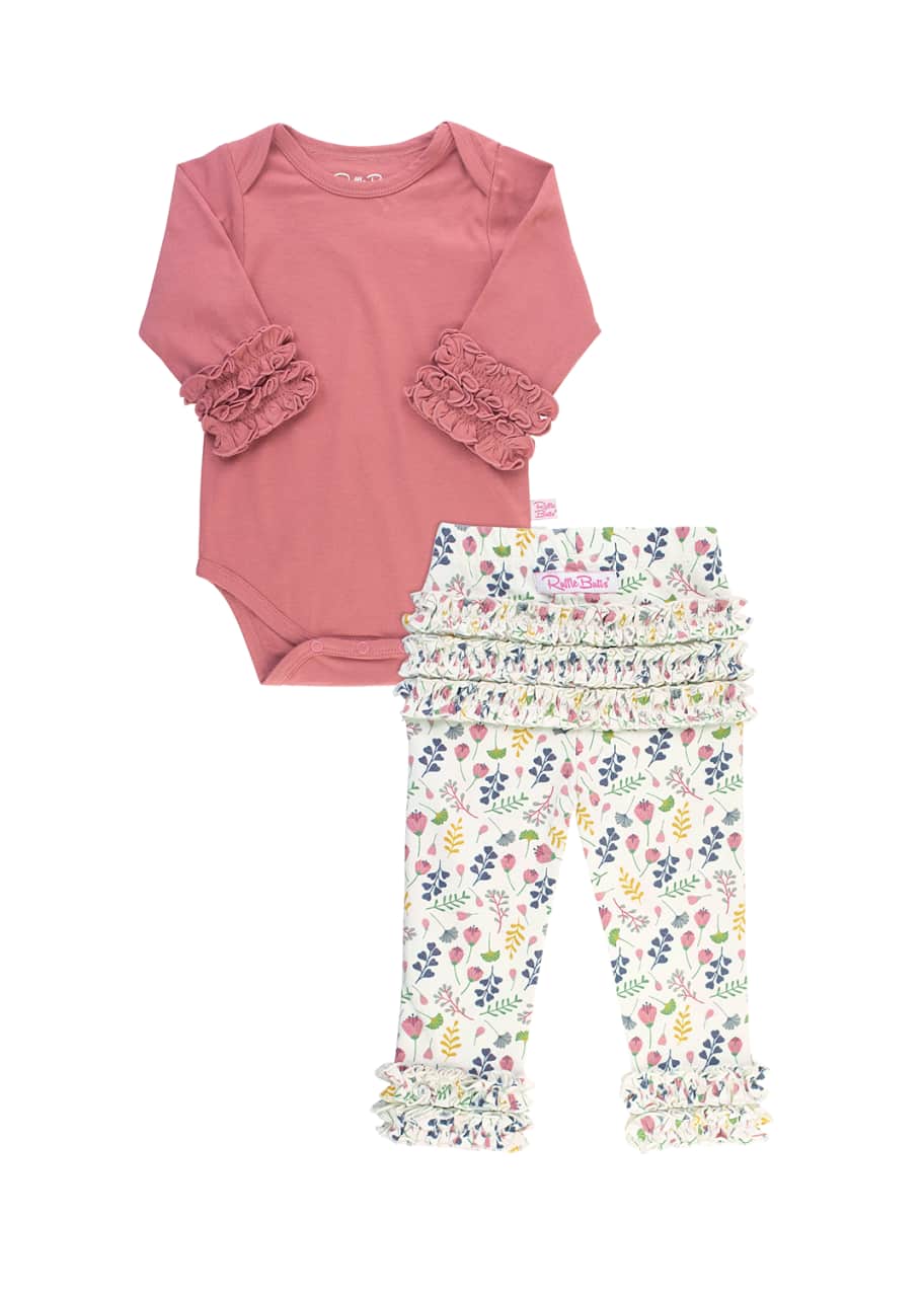 RuffleButts Solid Ruffle Bodysuit w/ Floral Print Leggings, Size 0-24 ...