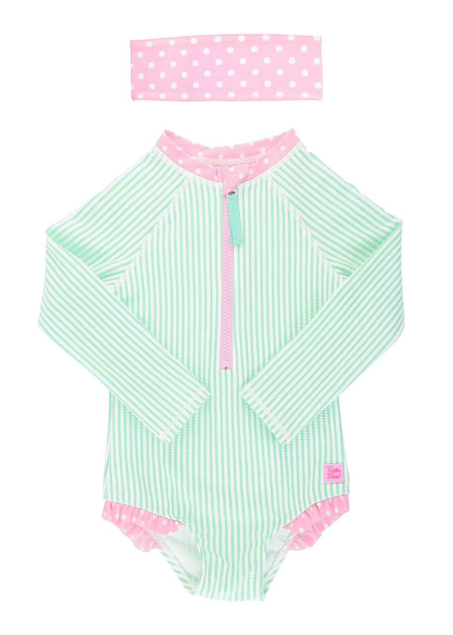 RuffleButts Girl's Seersucker Striped One-Piece Rash Guard w/ Headband ...