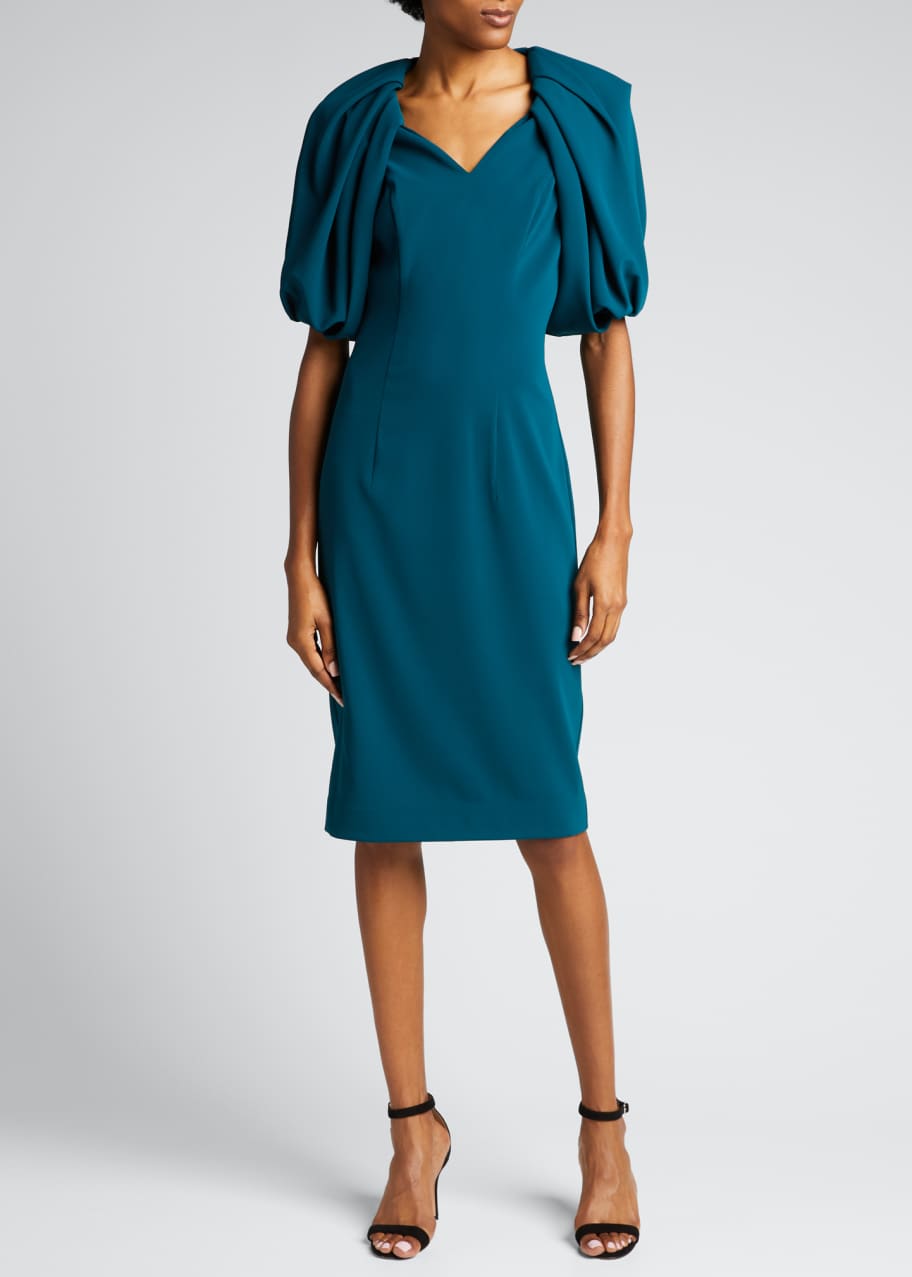 Badgley Mischka Collection Pleated Elbow-Sleeve Crepe Sheath Dress ...