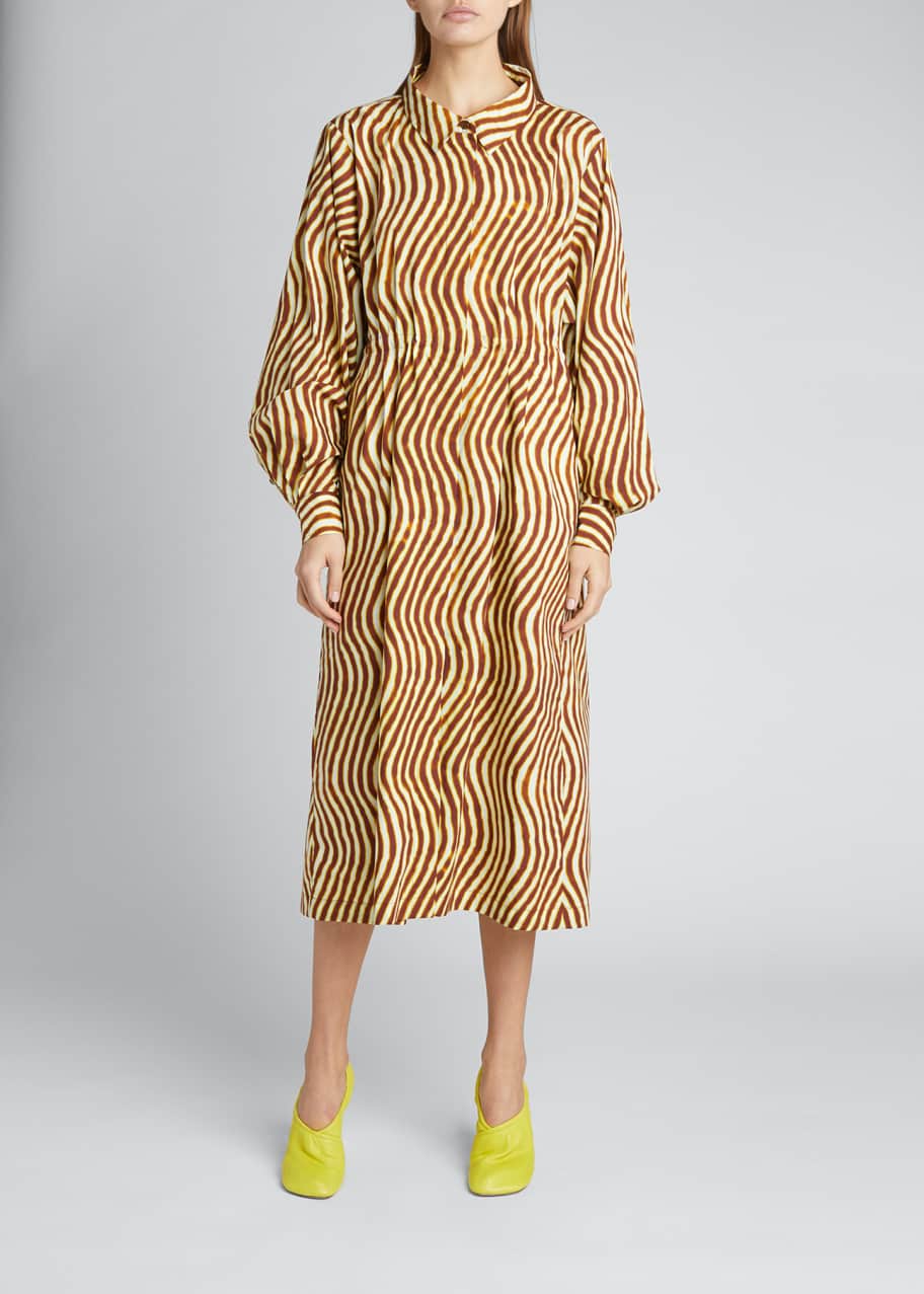 Dries Van Noten Squiggly-Print Balloon-Sleeve Midi Dress - Bergdorf Goodman