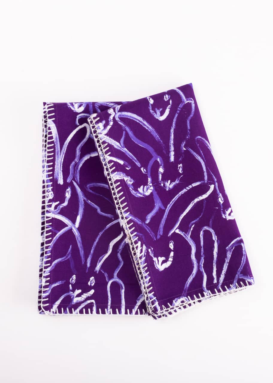 Hunt Slonem Rabbit Run Purple Cotton Dinner Napkins w/ White Whipstitch ...