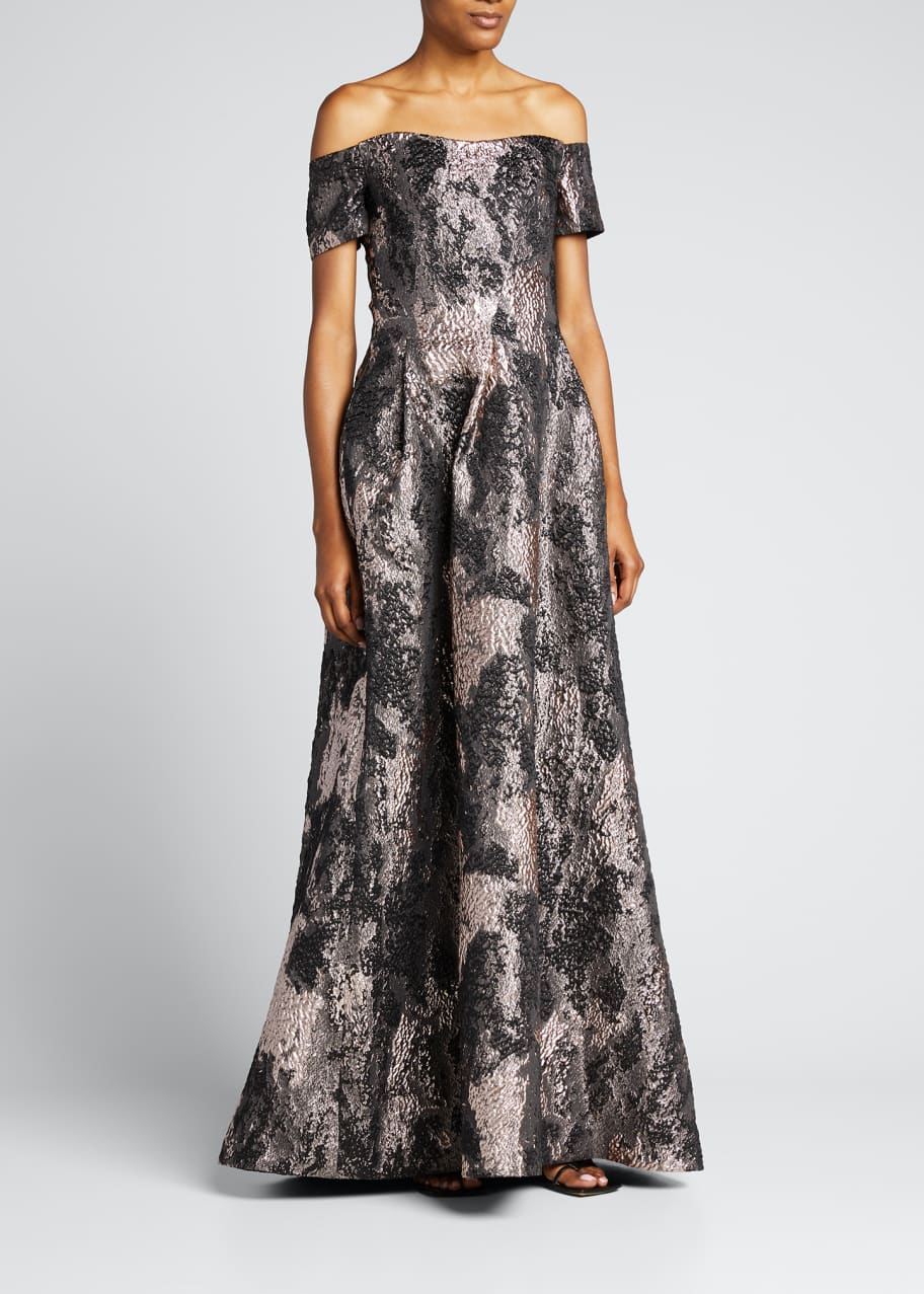 Rene Ruiz Collection Off-Shoulder Metallic Jacquard A-Gown - Bergdorf ...