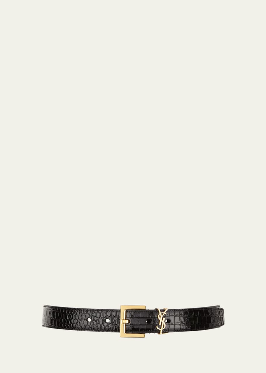 Saint Laurent Golden YSL Monogram Croc-Embossed Leather Belt - Bergdorf ...
