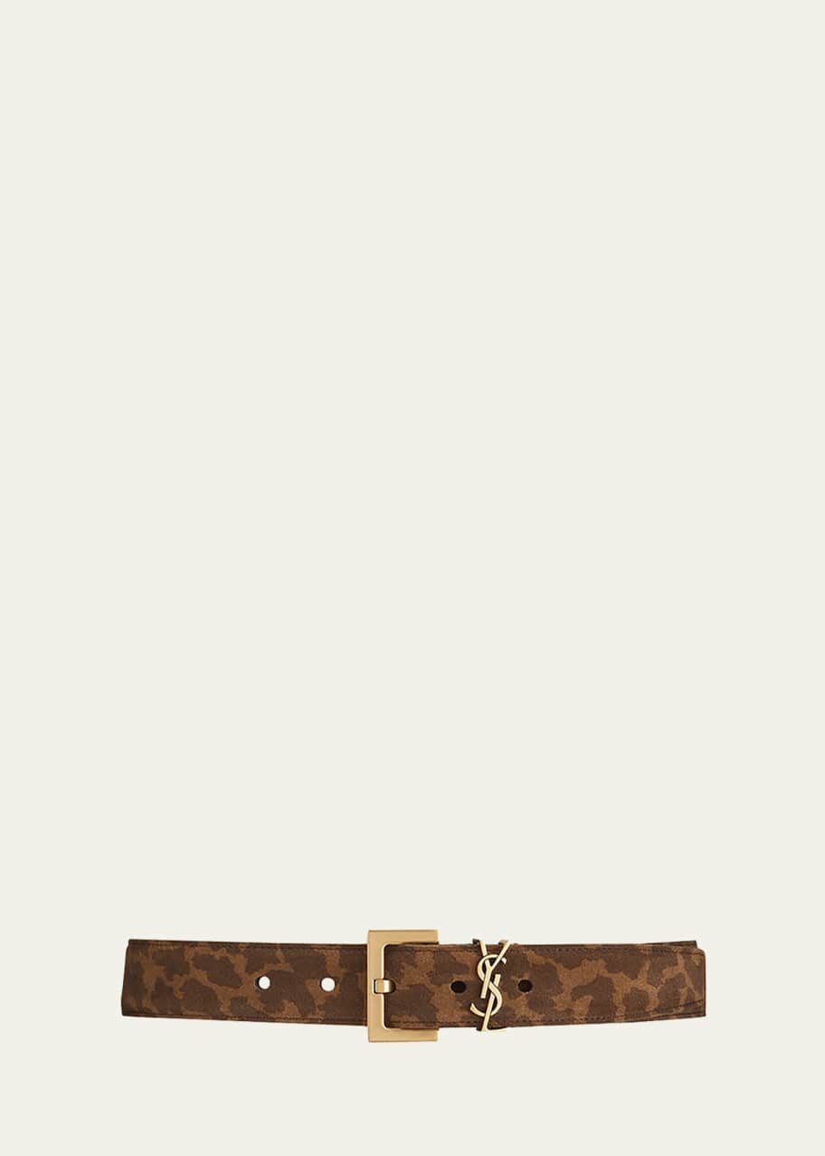 Saint Laurent YSL Monogram Leopard-Print Suede Belt - Bergdorf Goodman
