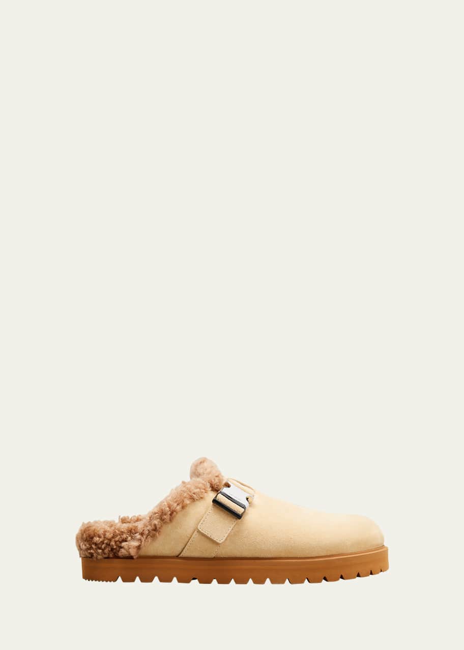 Moncler Mon Mule Suede Shearling-Lined Slide Mules - Bergdorf Goodman