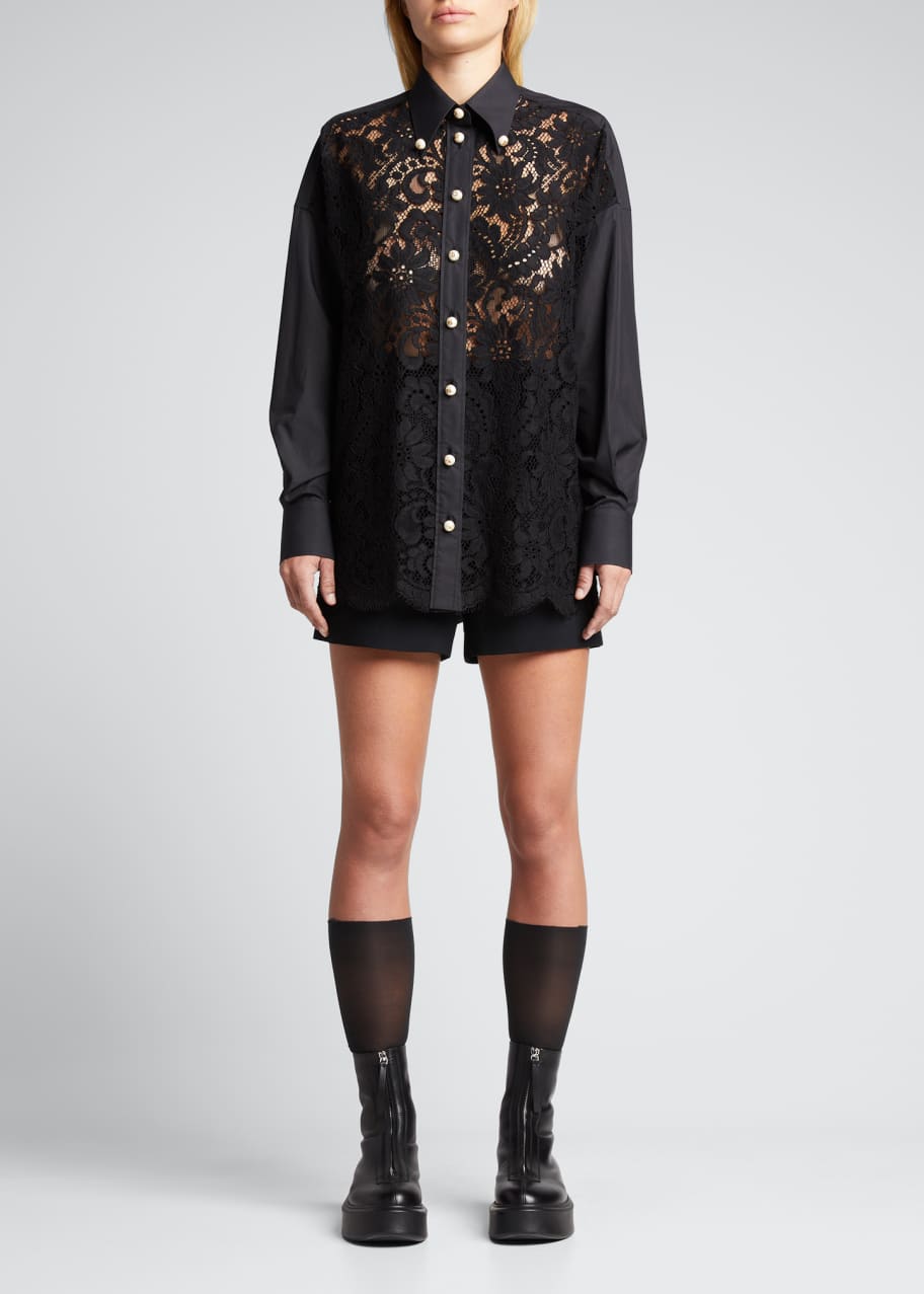 Dolce&Gabbana Lace & Poplin Overshirt w/ Logo Pearl Buttons - Bergdorf ...