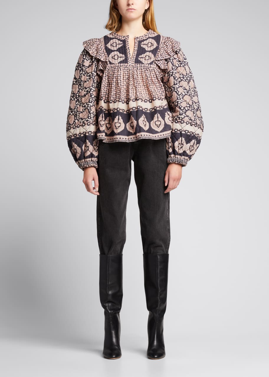 Sea Margo Border-Print Puff-Sleeve Top - Bergdorf Goodman