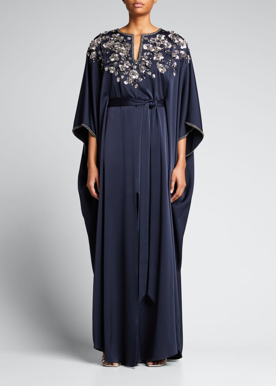 Marchesa Floral Beaded Maxi Caftan w/ Self Belt - Bergdorf Goodman