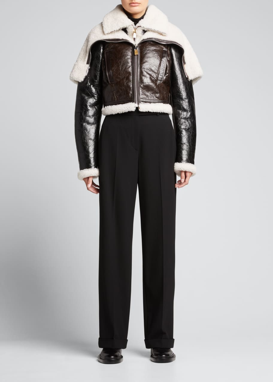 Givenchy Leather Cropped Vintage Hooded Jacket w/ Shearling Trim ...