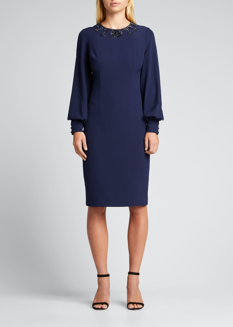 Rickie Freeman for Teri Jon Beaded Jewel-Neck Crepe Sheath Dress - Bergdorf Goodman