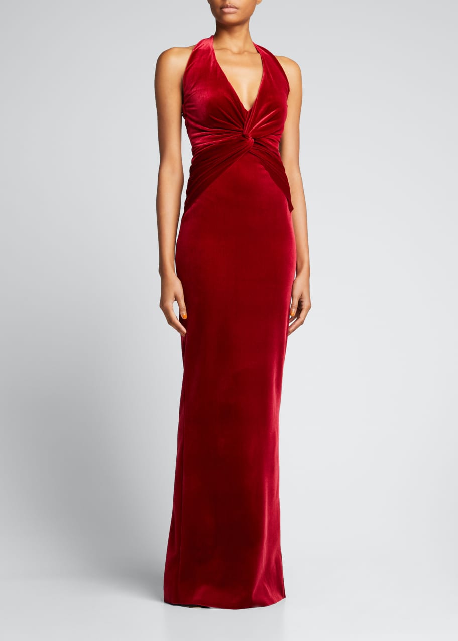 Chiara Boni La Petite Robe Knot-Front Velvet Halter Gown - Bergdorf Goodman