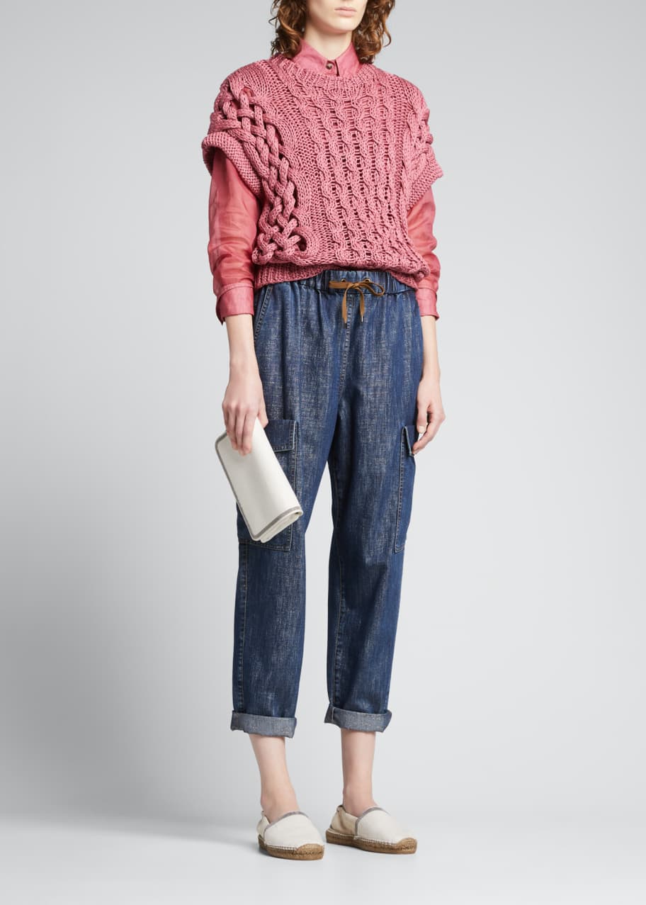 Brunello Cucinelli Opera Cable Knit Cap-Sleeve Top w/ Monili Trim ...