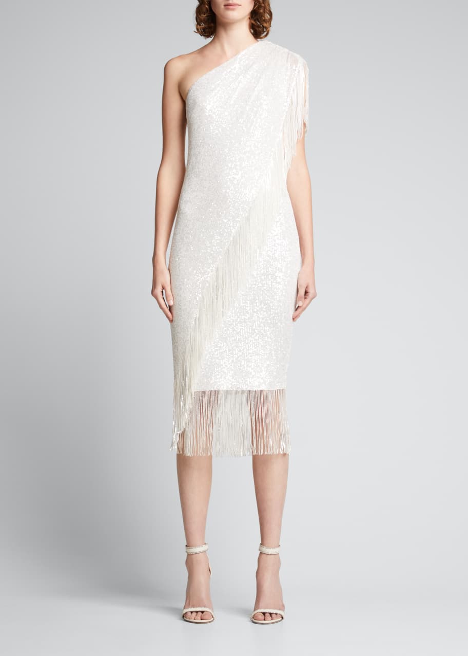 Badgley Mischka Collection Sequin One-Shoulder Fringe Toga Dress ...
