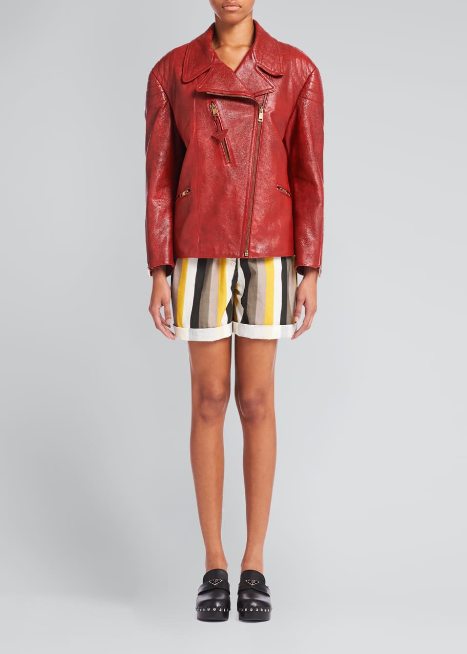 Prada Leather Moto Jacket w/ Lace-Up Hem - Bergdorf Goodman