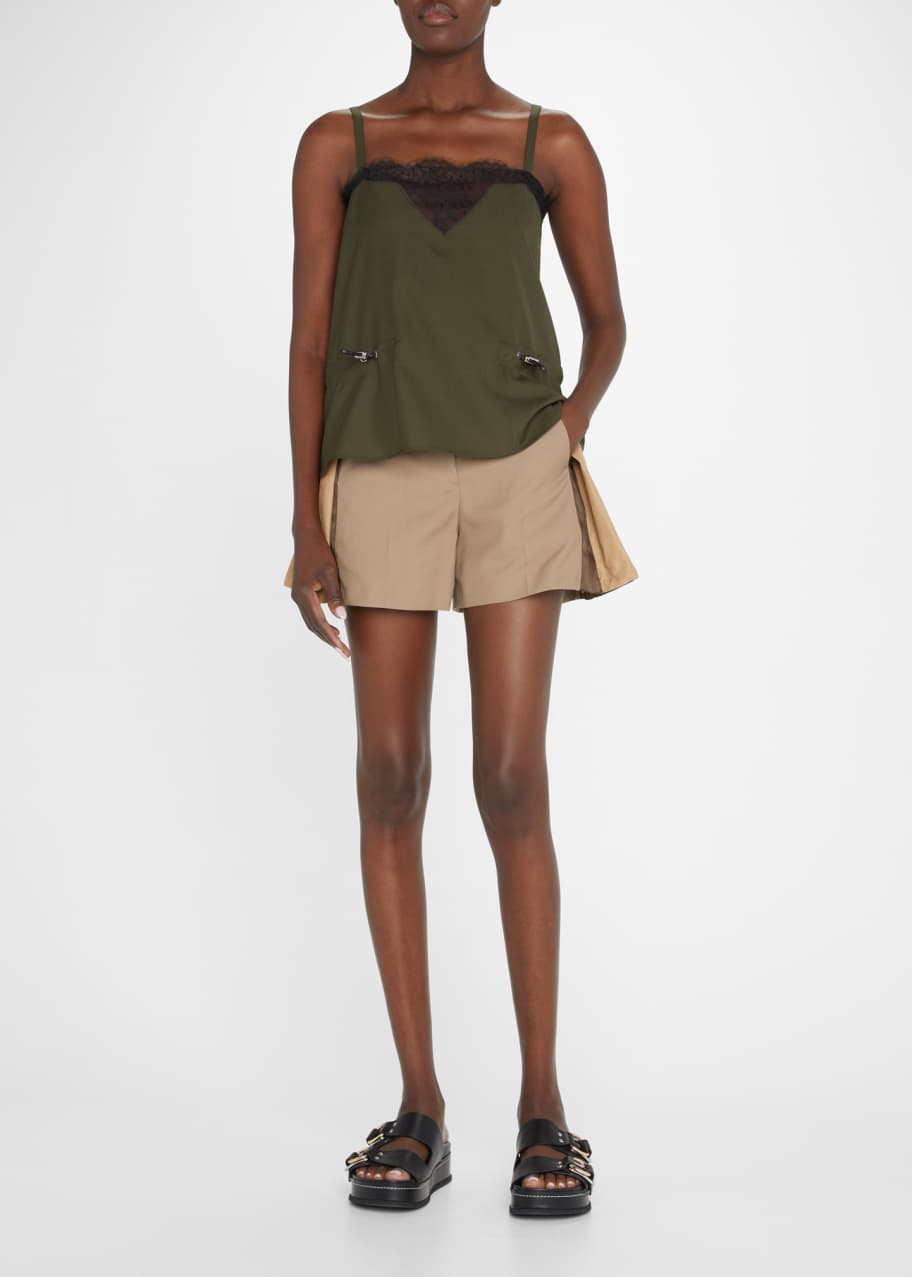 SACAI Mixed-Media Pleated Mini Shorts - Bergdorf Goodman