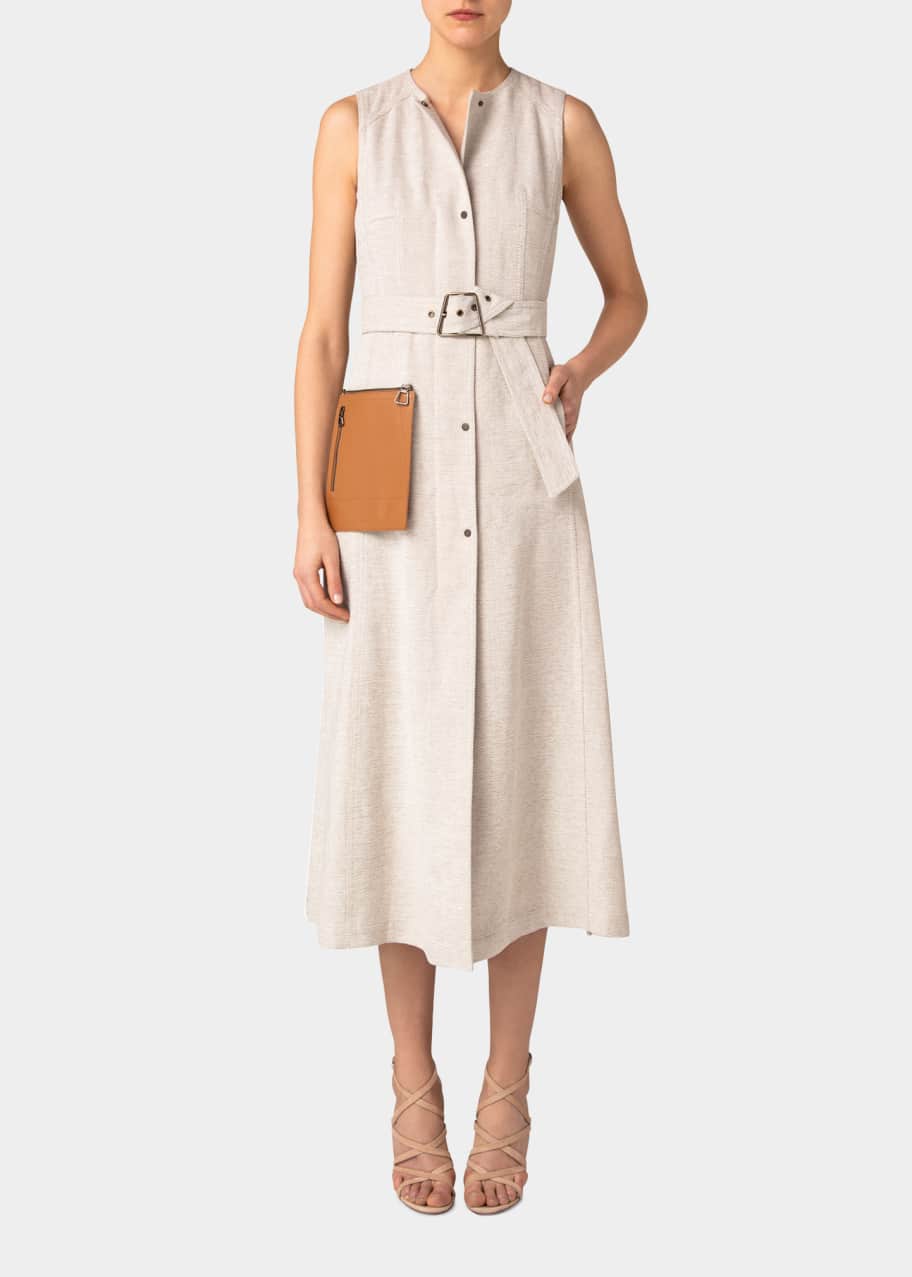 Akris Belted Linen Midi Dress with Detachable Leather Trapezoid Pocket ...