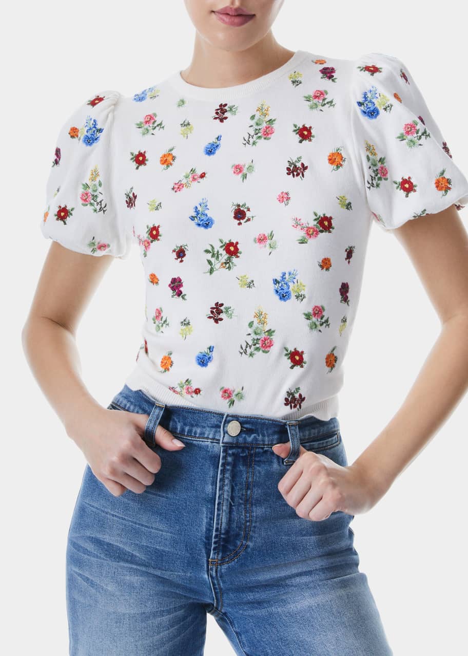 Alice + Olivia Risa Puff-Sleeve Embroidered Sweater - Bergdorf Goodman