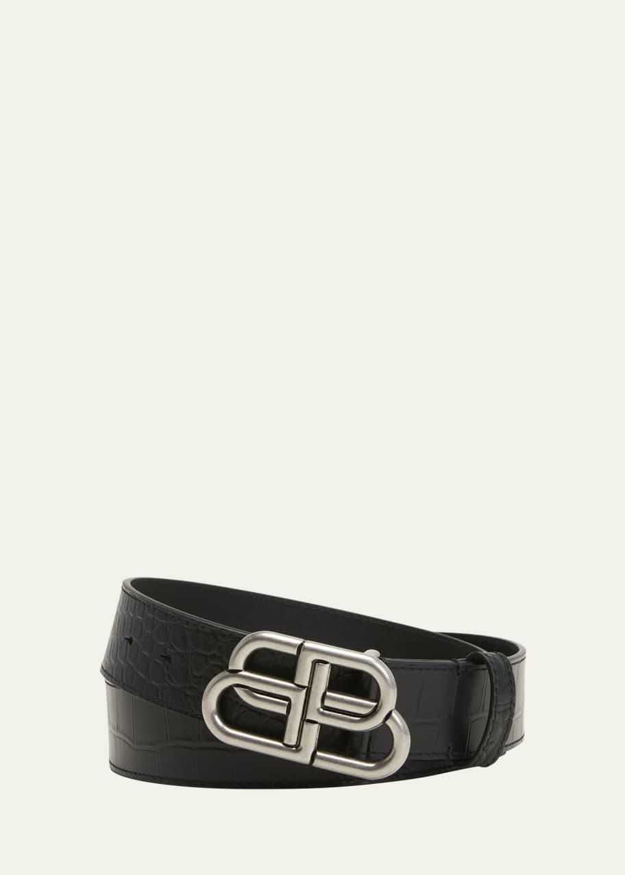 Balenciaga Men's BB-Logo Leather Belt - Bergdorf Goodman