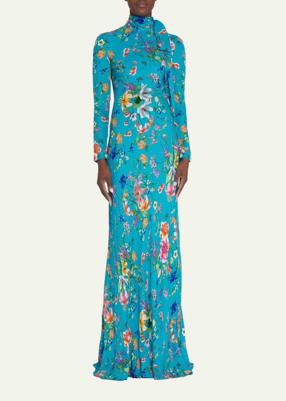 Naeem Khan Floral-Print Scarf-Neck Silk Trumpet Gown - Bergdorf Goodman